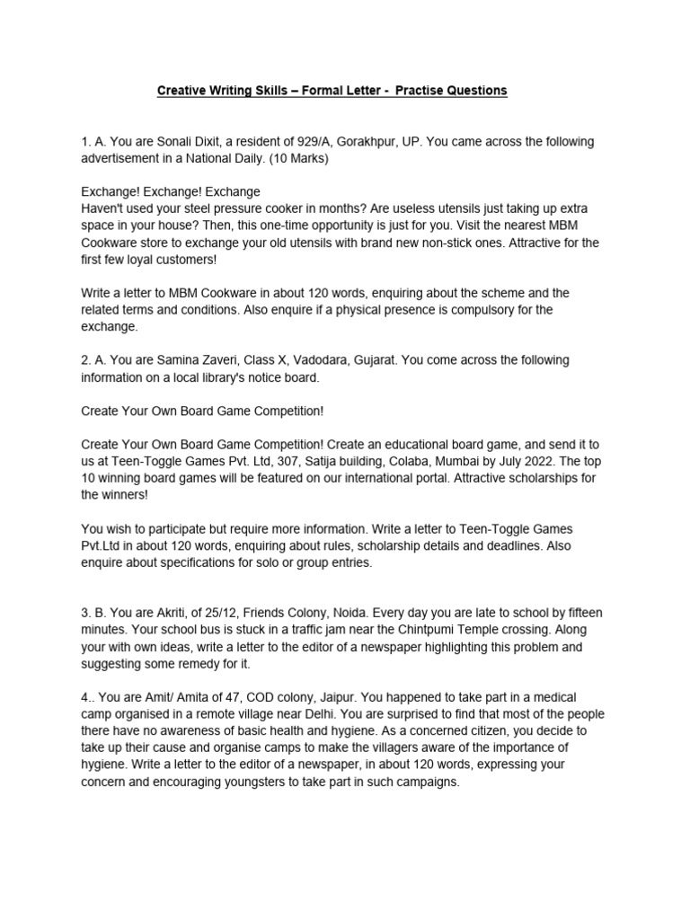 Creative Writing Letter Writing Practise Questions | PDF