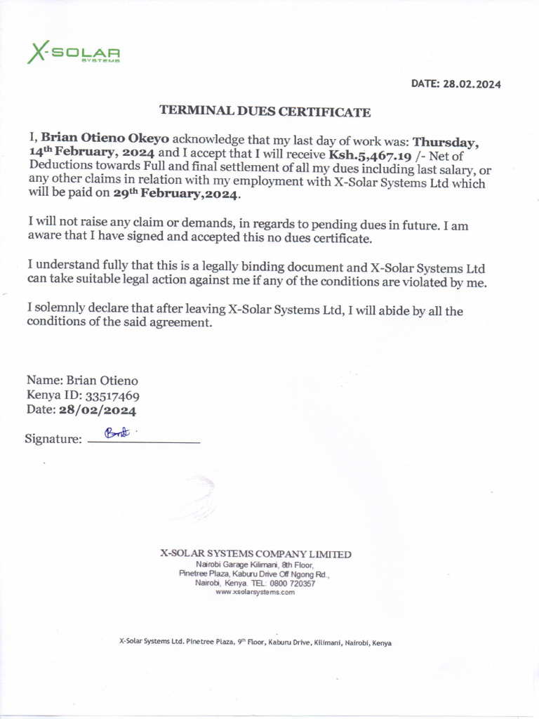 TERMINAL DUES CERTIFICATE - Signed | PDF