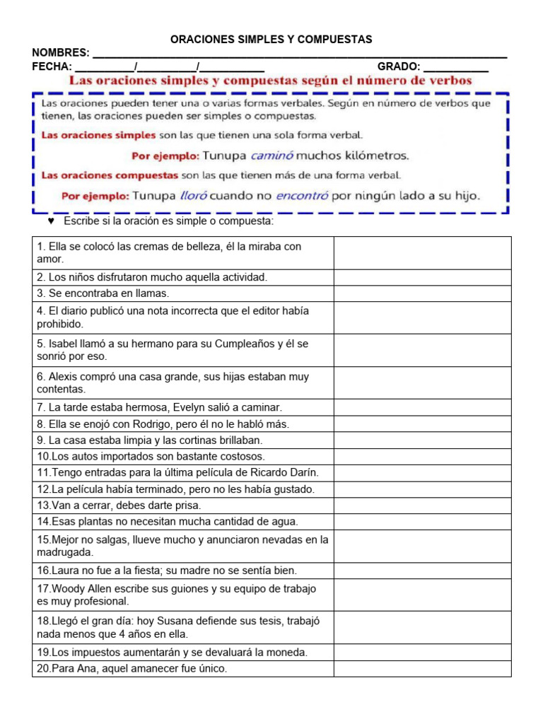 Oraciones Simples y Compuestas 9 D | PDF | Cocina, comidas y vino