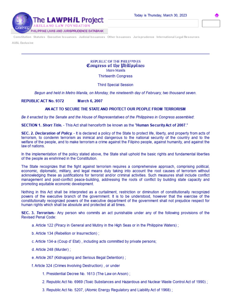 Human Security Act of 2007 Overview | PDF