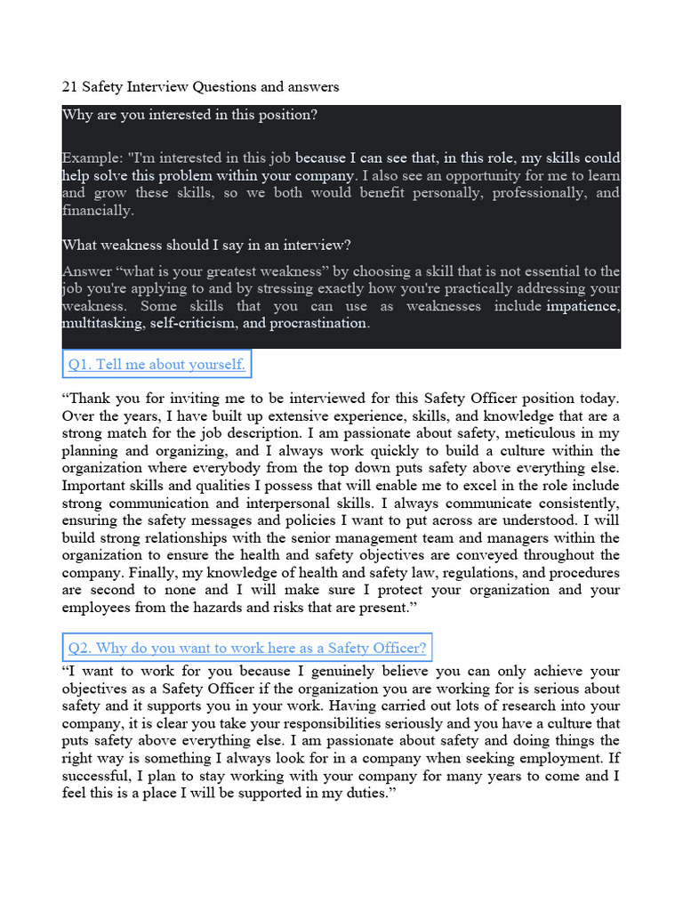 21 Safety Interview Questions and Answers | PDF | Occupational Safety ...
