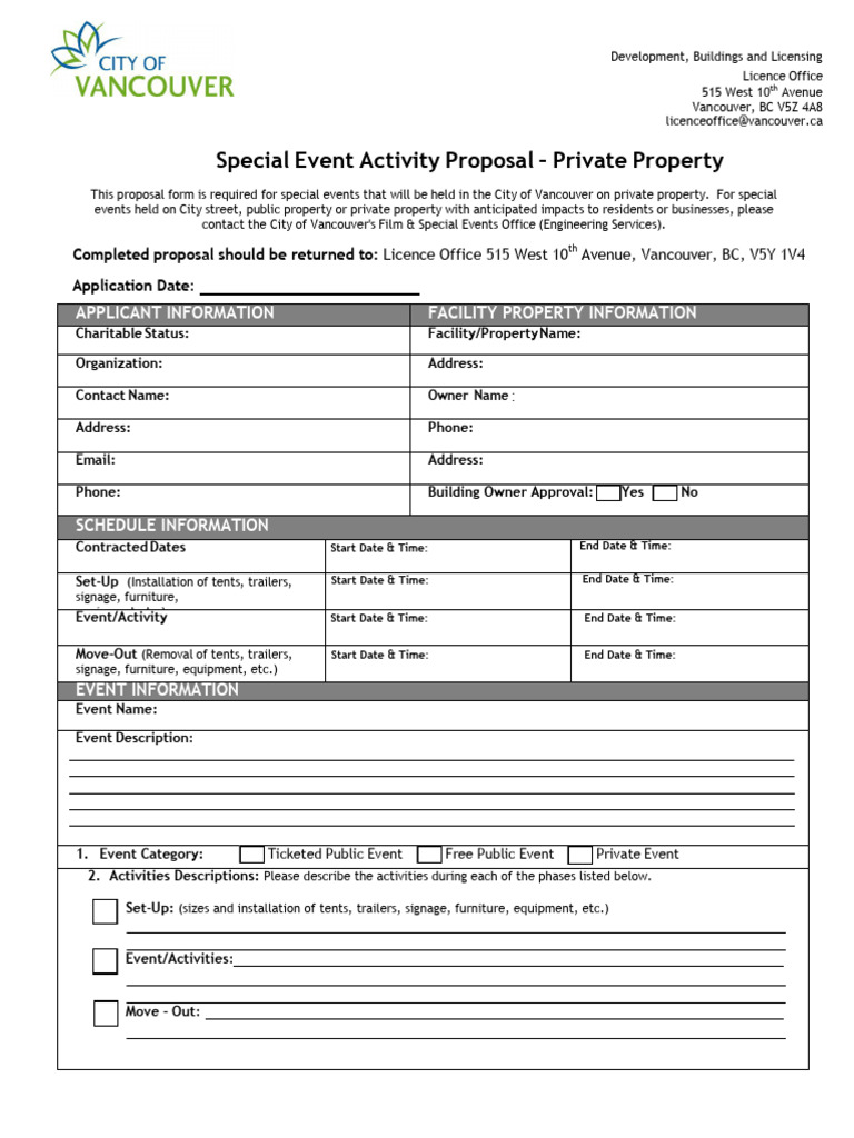 Vancouver Private Event Proposal Form | PDF | Home & Garden