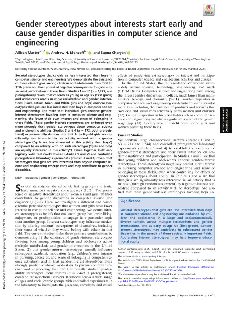 Master Et Al 2021 Gender Stereotypes About Interests Start Early and ...