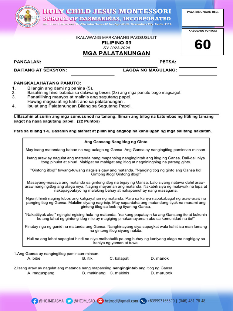 09-Filipino Q2 Exam | PDF