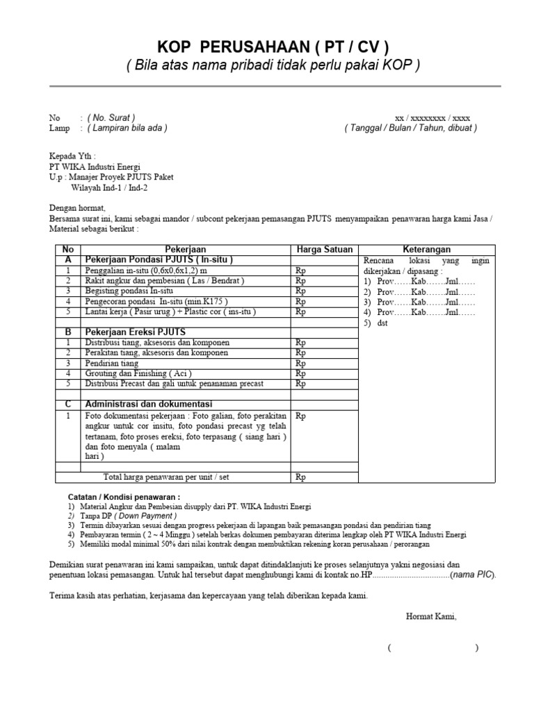 Form Penawaran Mandor (Precast & Pendirian Tiang) | PDF