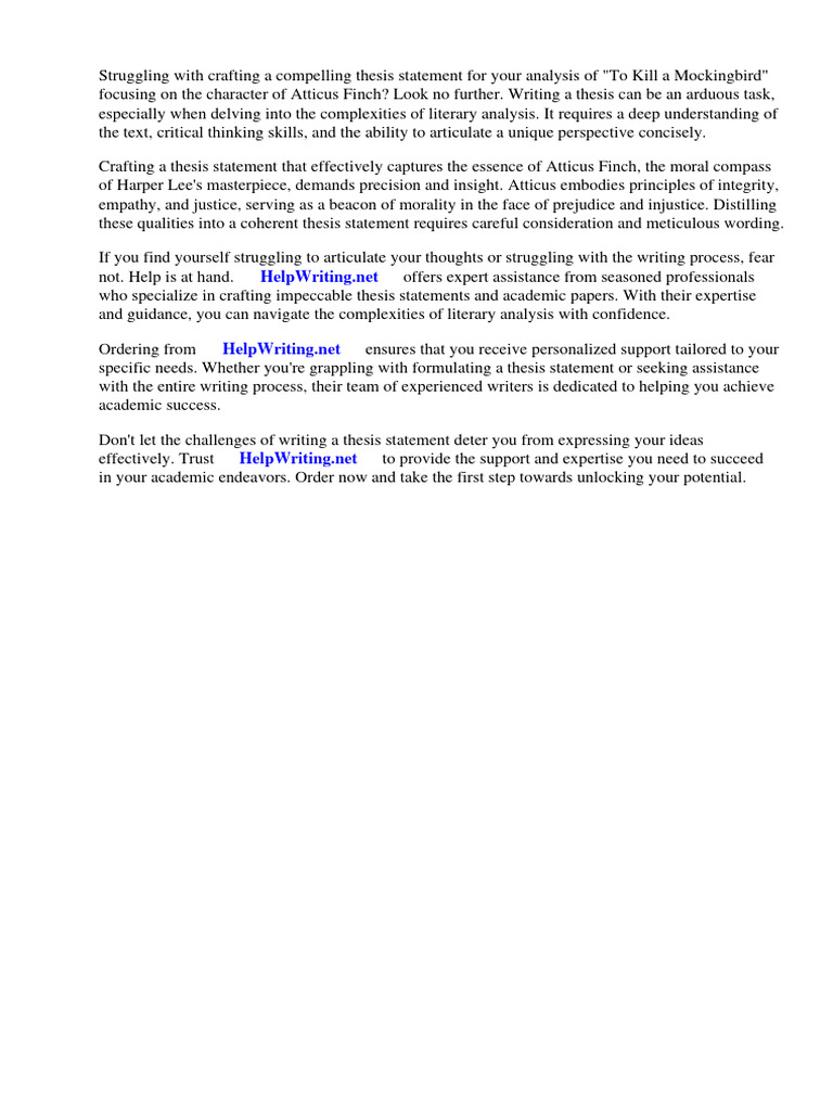 Thesis Statement For To Kill A Mockingbird Atticus | PDF