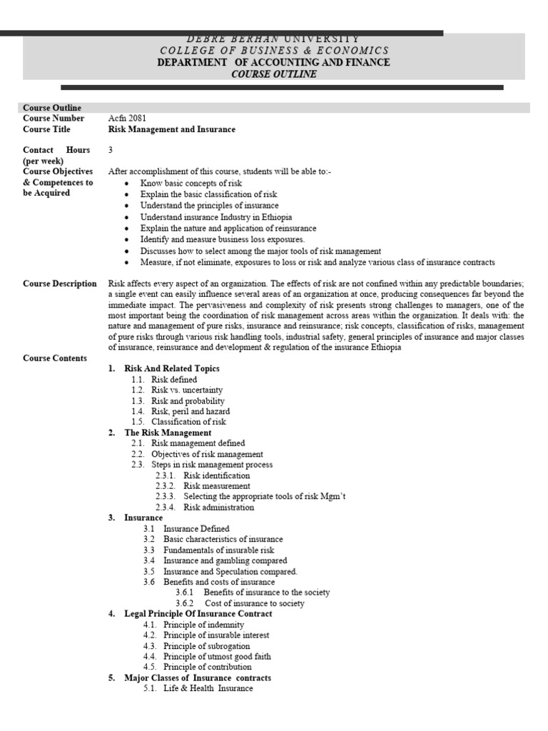Risk Management Course Outline | PDF | Risk | Insurance
