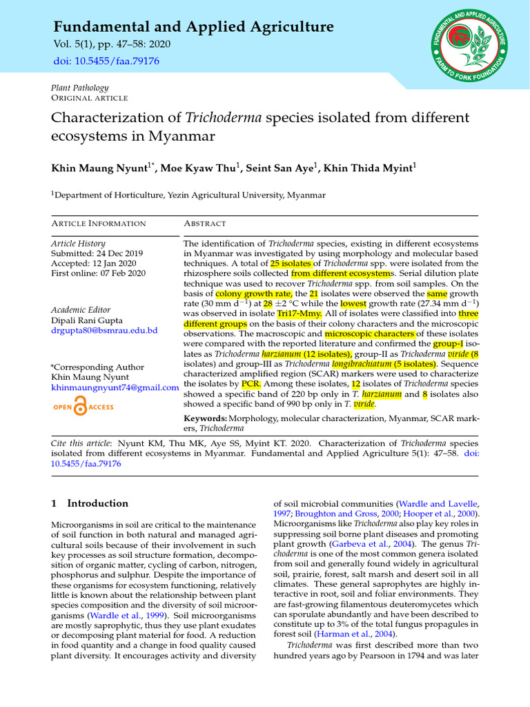 1 Trichoderma Species Isolated From Different Ecosystems In Myanmar Pdf Polymerase Chain