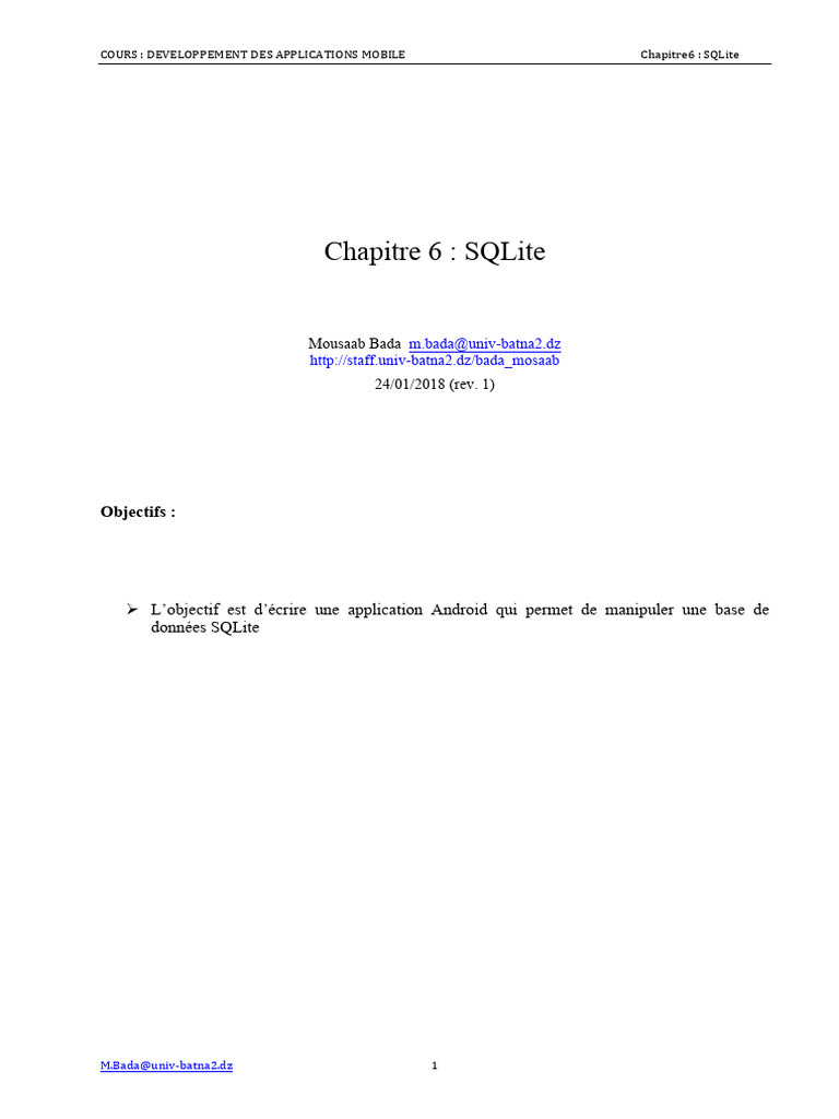 Chapitre 6 Sqlite | PDF