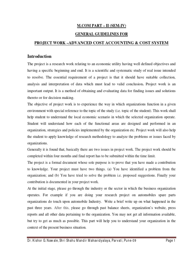 Project Work Guidelines - Advanced Cost Accounting - Cost System - M.Com Part - II - Sem-IV - Dr ...