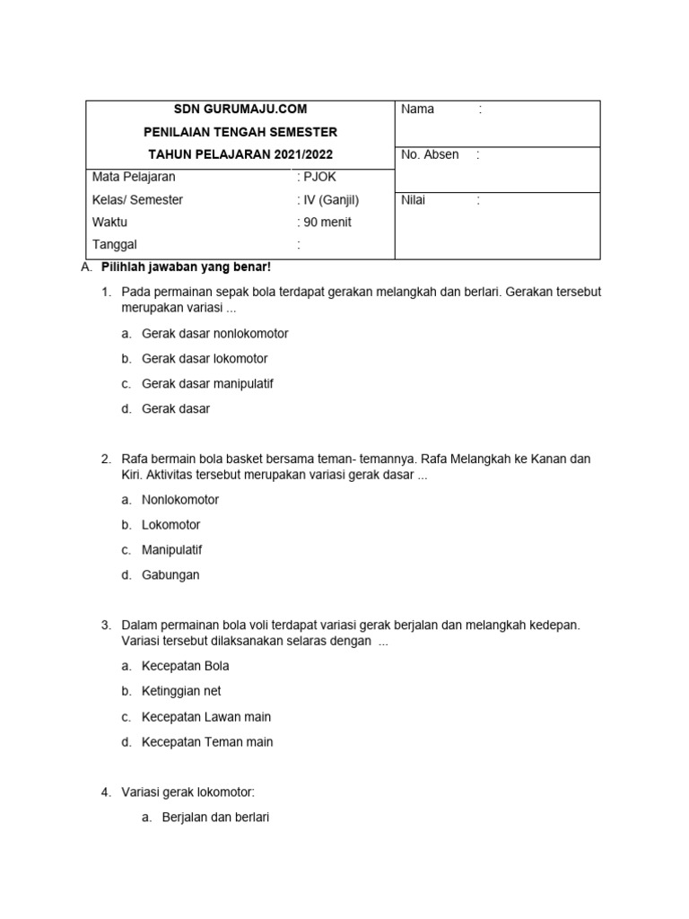 Soal Pts Pjok Kelas 4 Semester 1 | PDF