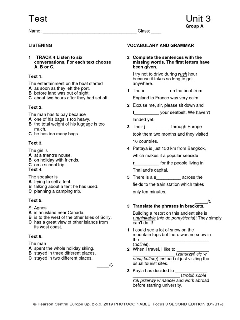 Focus 3 Unit 3 Listening Test Guide | PDF | Transport
