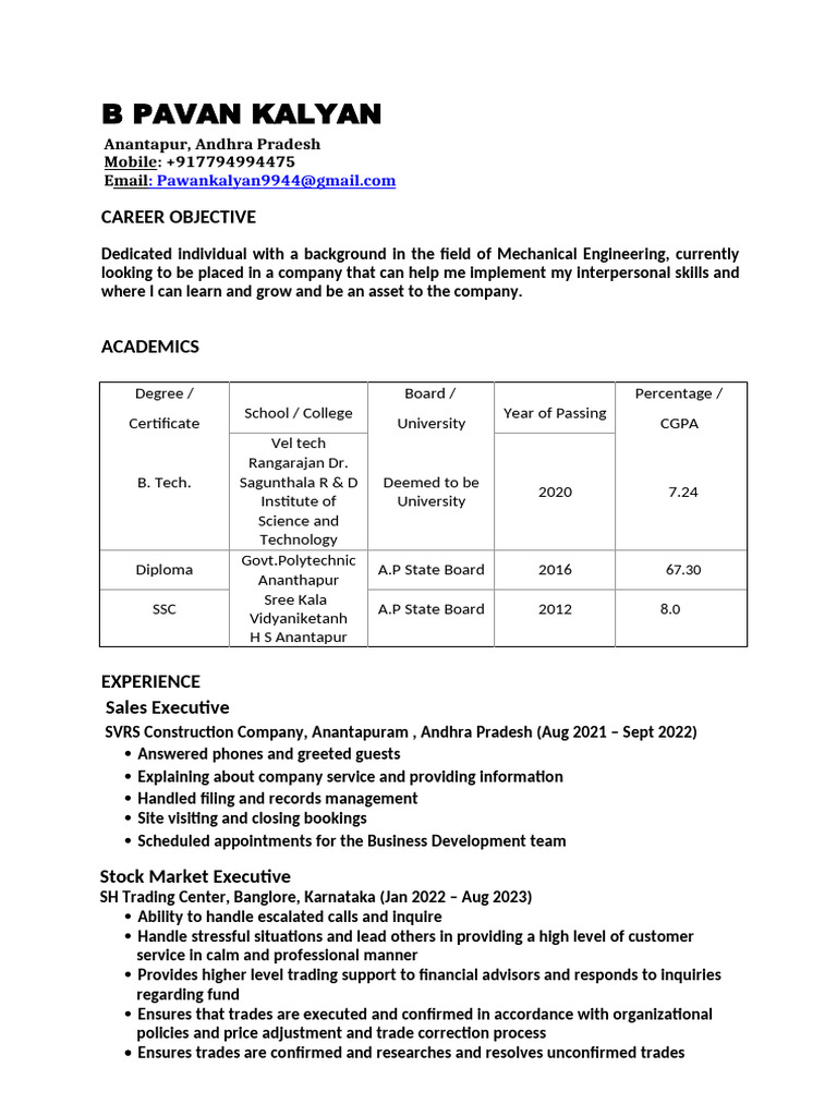 Pawan Kalyan Resume 2023 | PDF