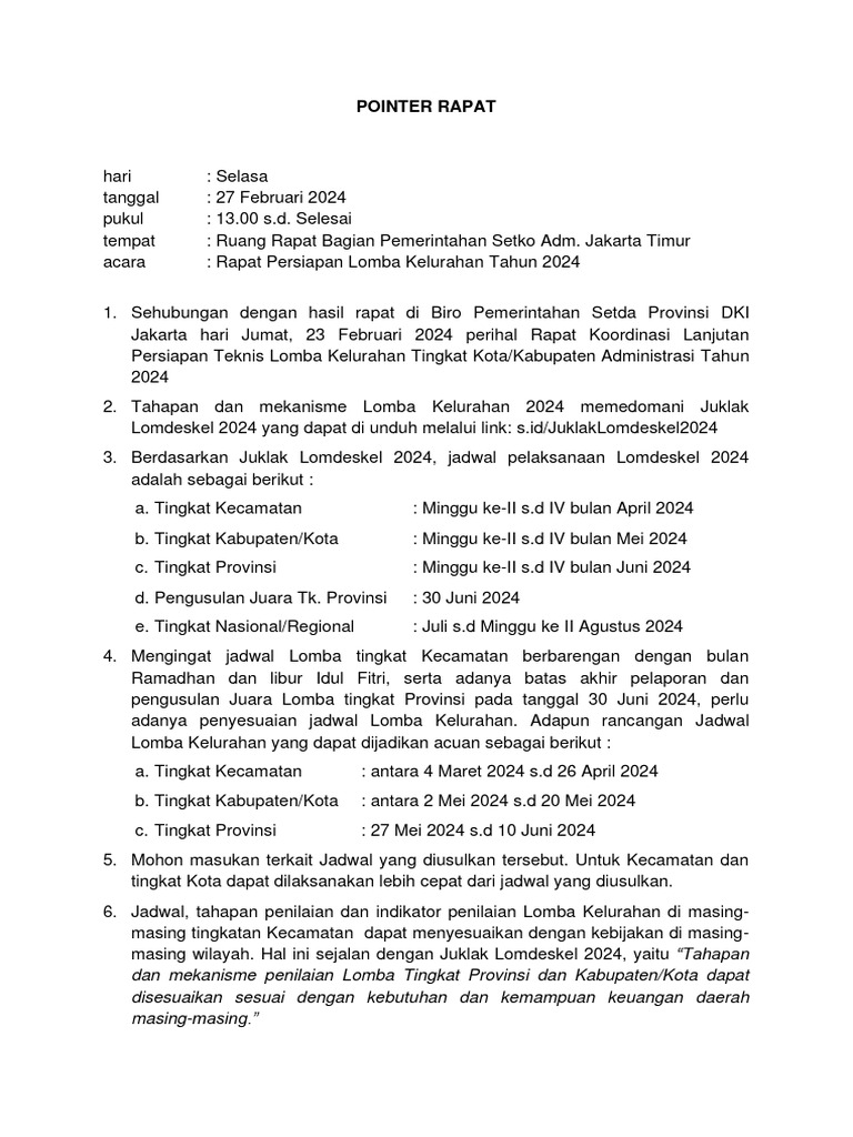 POINTER RAPAT Persiapan Lomba Kelurahan-1 | PDF
