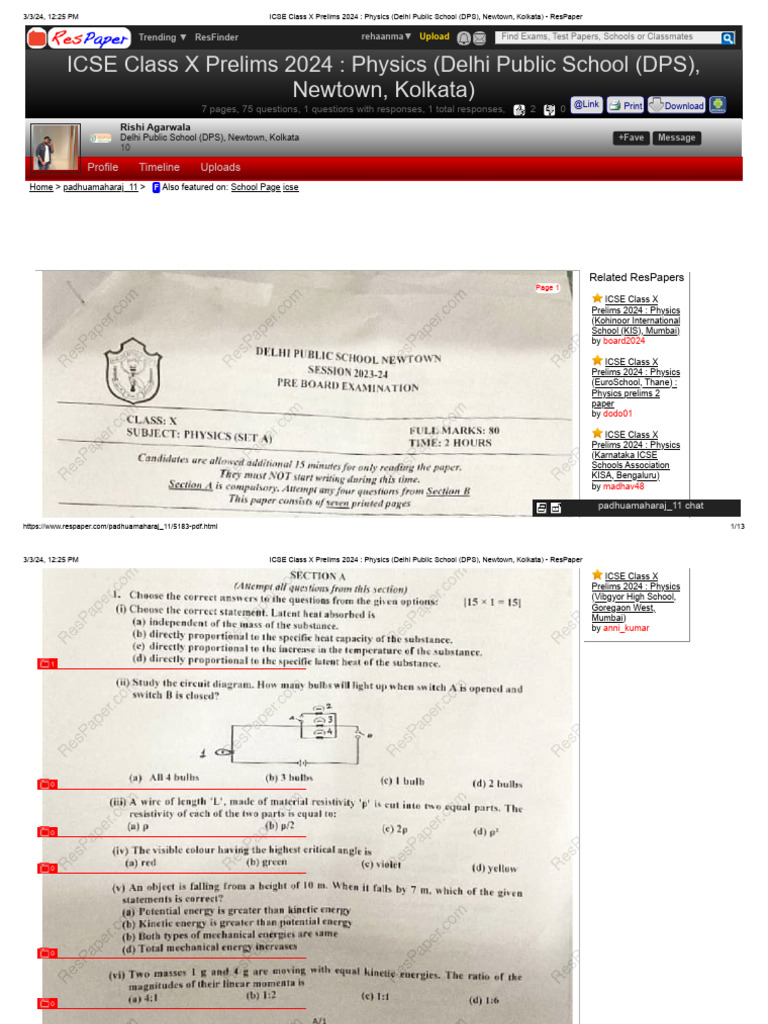 ICSE Class X Prelims 2024 - Physics (Delhi Public School (DPS), Newtown ...