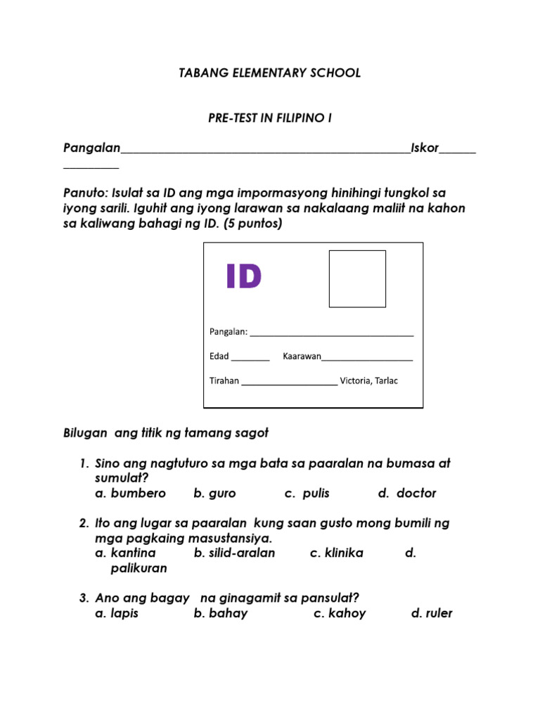 Pre-Test - Filipino 1 | PDF