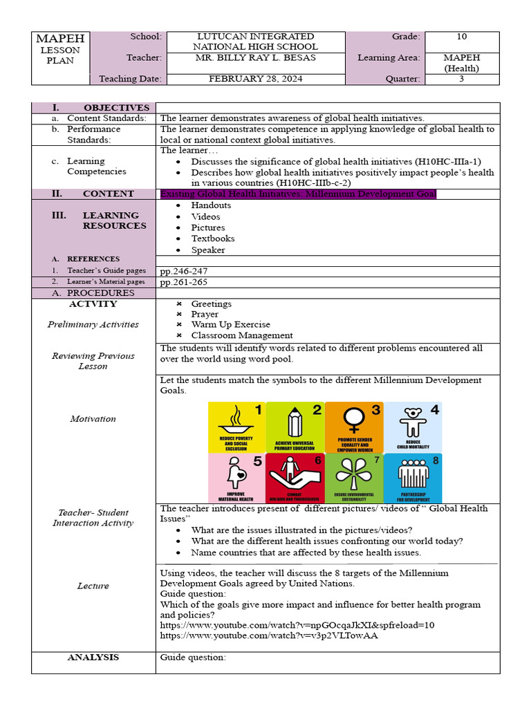 Nel Lesson Plan HealthQ3 MDG | PDF | Teachers | Learning