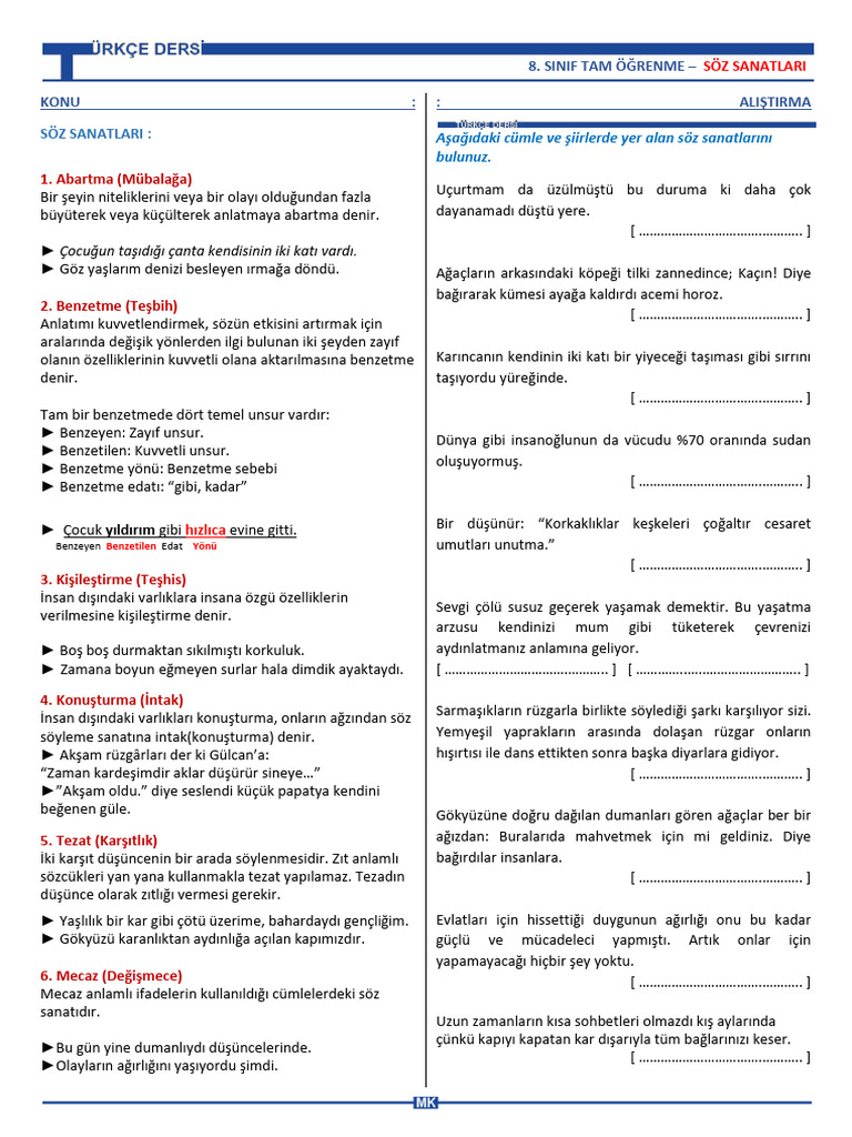 8 Sinif Tam Renme SZ Sanatlari | PDF
