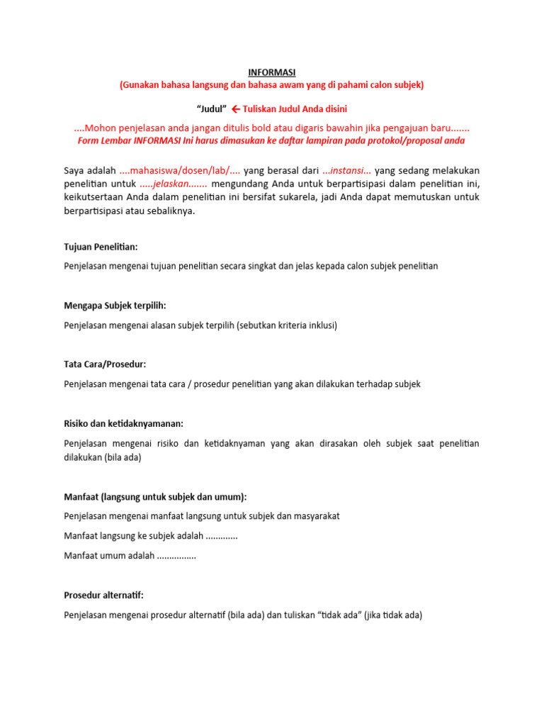 Contoh Lembar Informasi Penelitian Dan Informed Consent KEPK UMP | PDF