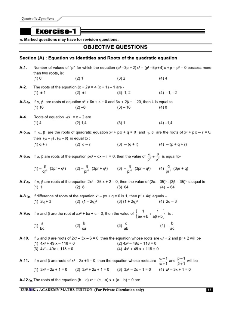 1.2 Quadratic Equation (Questions) | PDF | Quadratic Equation | Equations