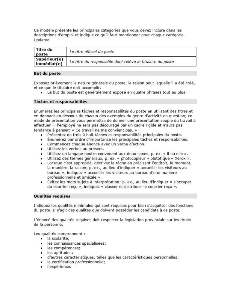 Modele - Fiche de Poste 001 | PDF