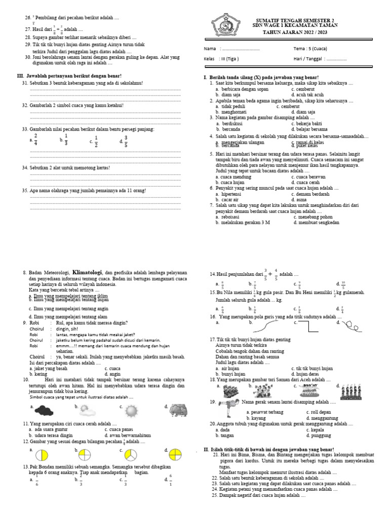 Pts Tema 5 Kelas 3 2023 2024 | PDF