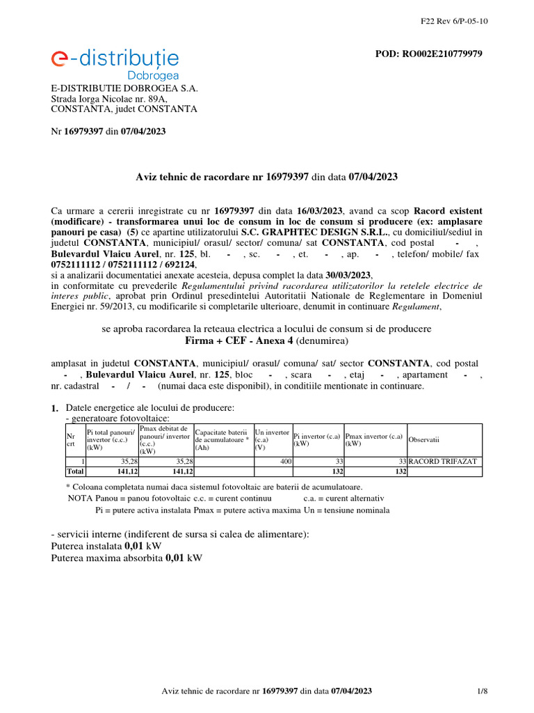 Aviz Tehnic de Racordare NR 16979397 07/04/2023: Din Data | PDF