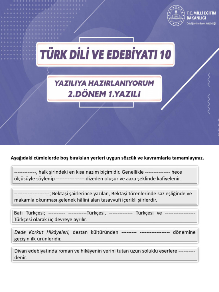 10.sinif Turk Dili Ve Edebiyati 2.donem 1.yazili Sorulari | PDF