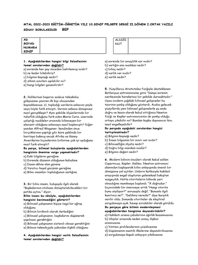 10.sinif Felsefe 2.donem 1.yazili Sorulari Bep | PDF