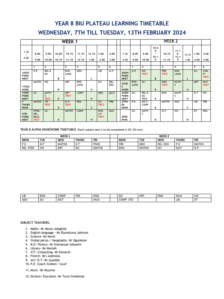 Year 8 Biu Plateau Test One Timetable + HW | PDF