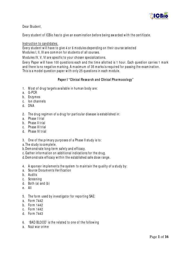 Model Question Paper for Clinical Trials | PDF | Clinical Trial ...