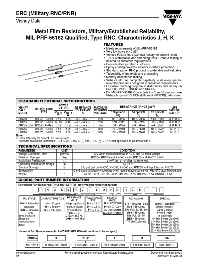 ERC (Military RNC/RNR) : Vishay Dale | PDF | Resistor | Electrical ...