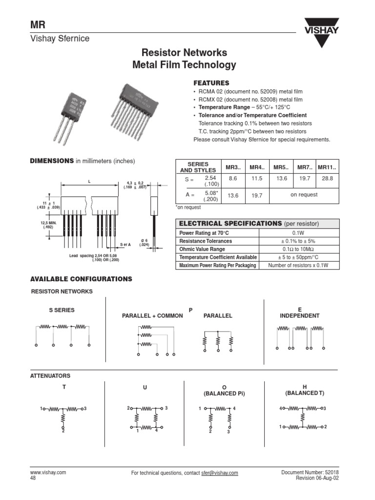 MR Resistor Networks Metal Film Technology: Vishay Sfernice | PDF