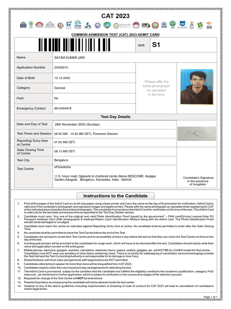 CAT 2023 Admit Card Instructions | PDF
