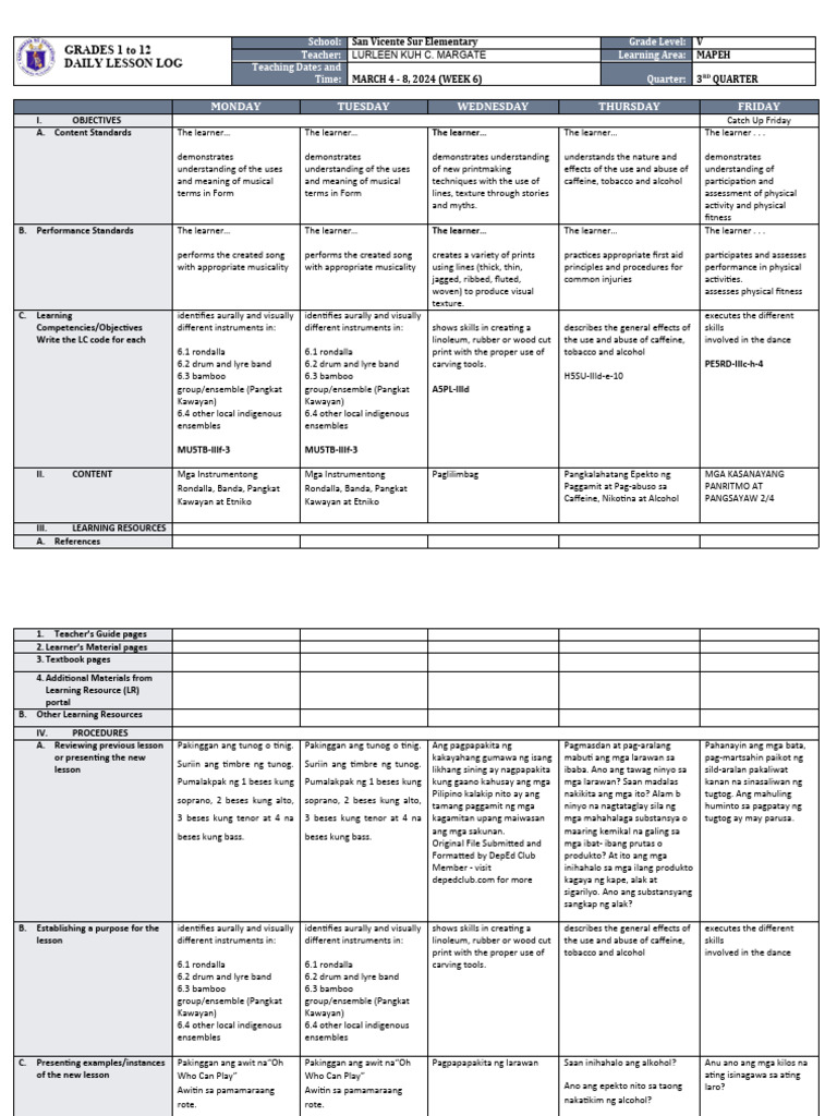 DLL Mapeh-5 Q3 W6 | PDF