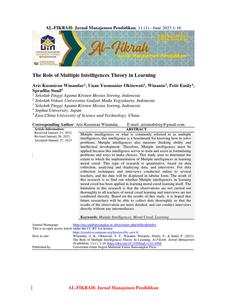 Multiple Intelligences in Moral Learning | PDF | Teachers | Creativity