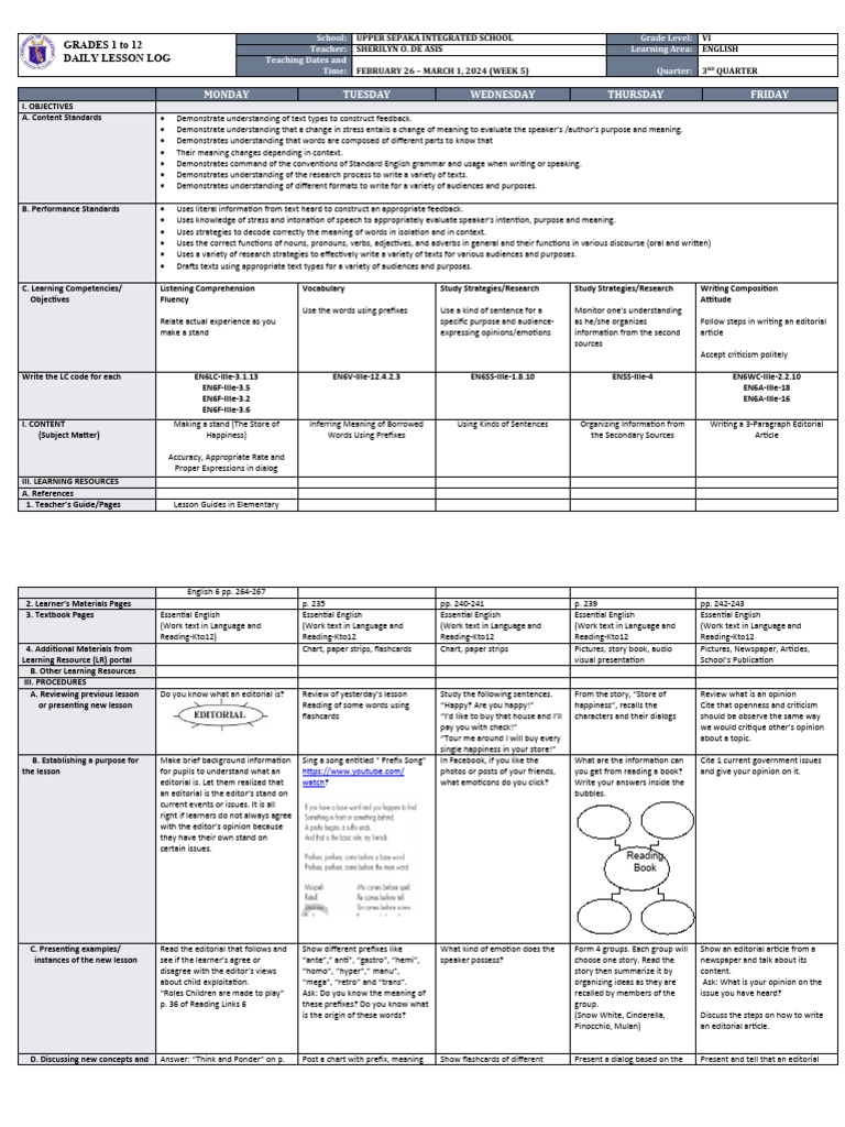 DLL - English 6 - Q3 - W5 | PDF