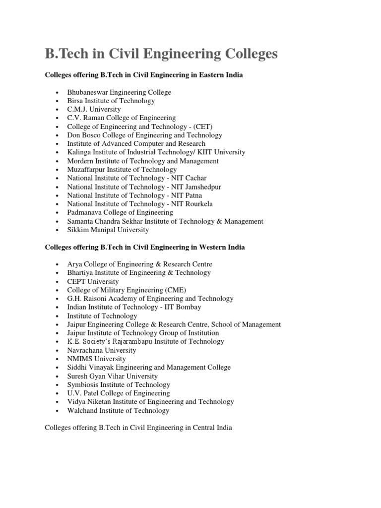 B.Tech Civil Engineering Colleges in India | PDF | Universities And ...