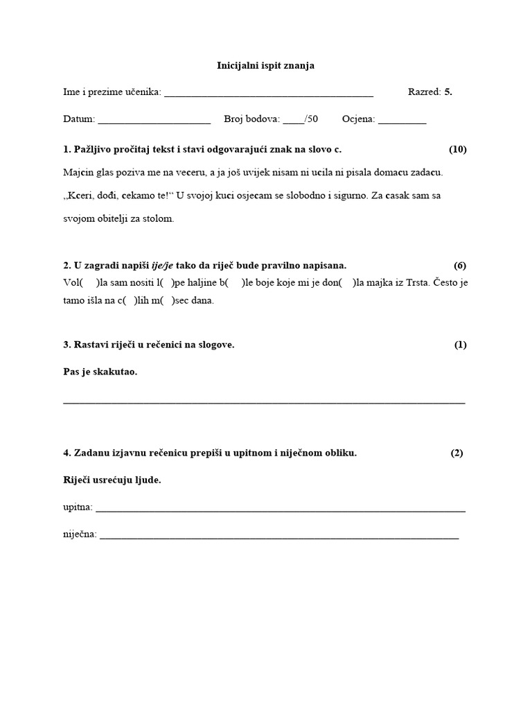 Inicijalni Ispit Znanja 5. Razred | PDF