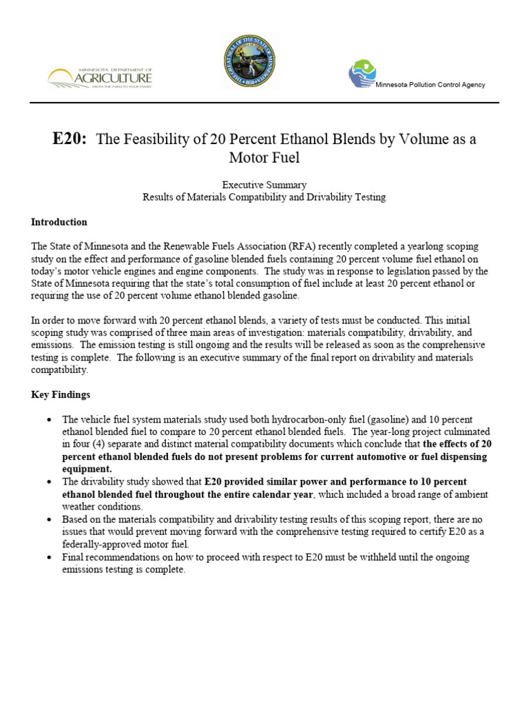 E20 - The Feasibility of 20 Percent Ethanol Blends by Volume As A Motor ...