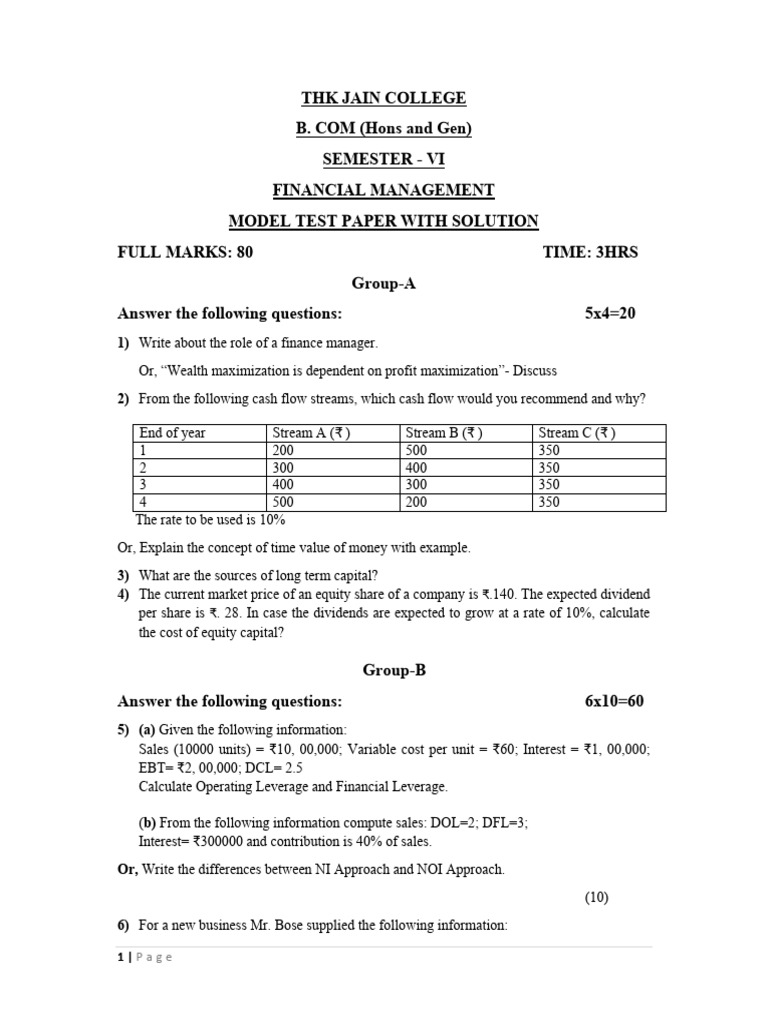6th Sem-FM - Model QP by Srijita Datta and Arunangsu Das Sarma-26Apr2020 | PDF | Working Capital ...