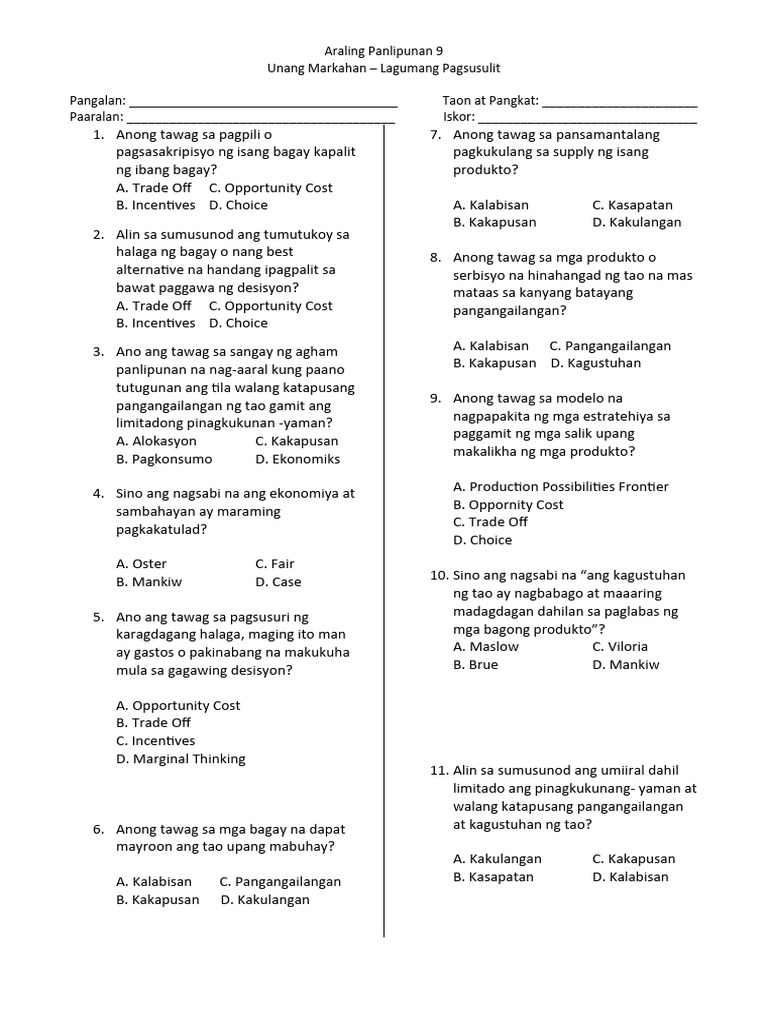 Ap9 1ST Quarter 60 Items | PDF
