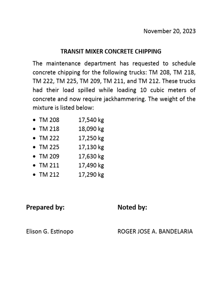 Concrete Chipping Schedule for Trucks | PDF