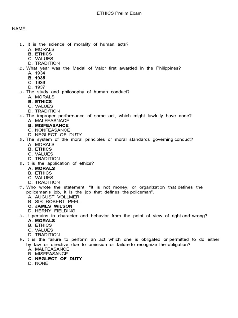 ETHICS Prelim Exam | Download Free PDF | Morality | Love