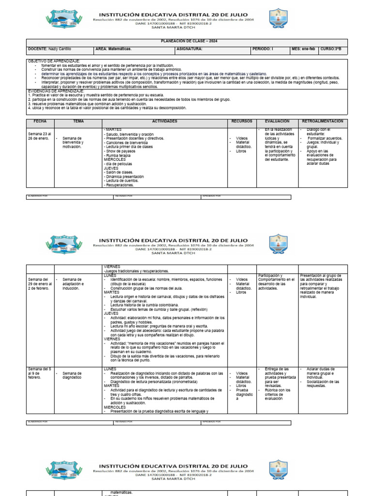 PLAN DE CLASE 3°B ENERO - FEBRERO | PDF | Aprendizaje | Cognición