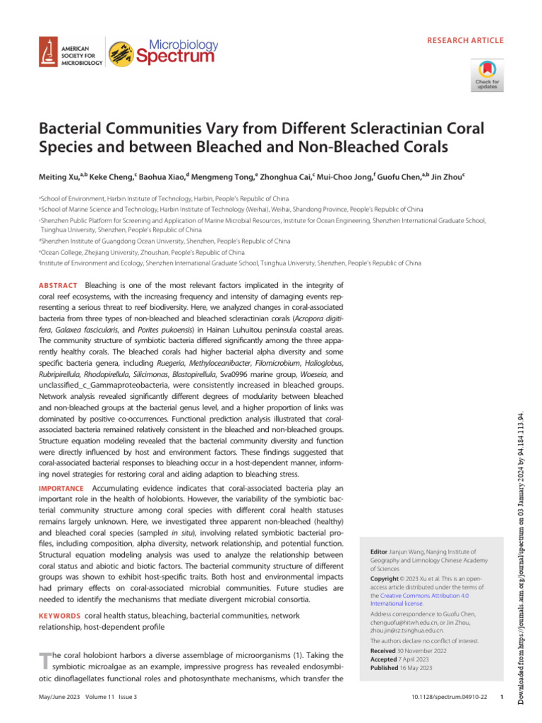 Xu Et Al 2023 Bacterial Communities Vary From Different Scleractinian Coral Species and Between ...