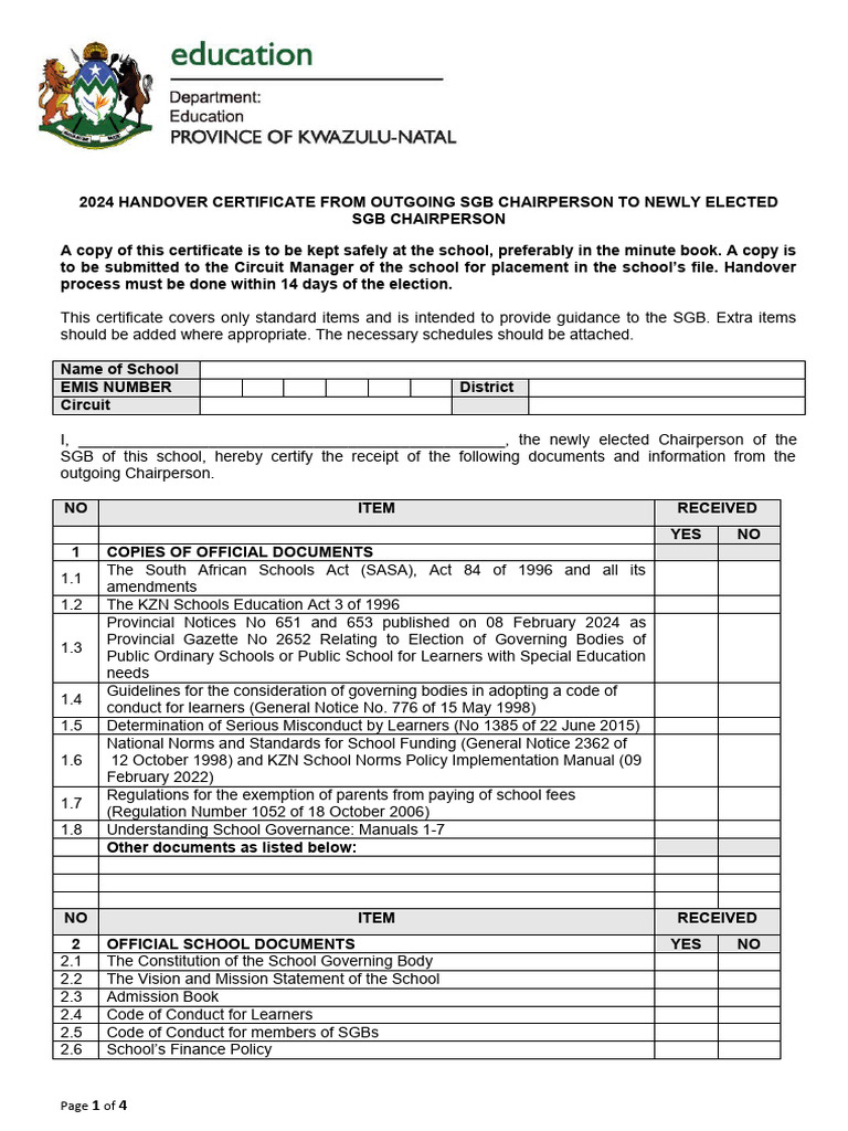 SGB Chairperson Handover Certificate 2024 | PDF | Banks | Investing