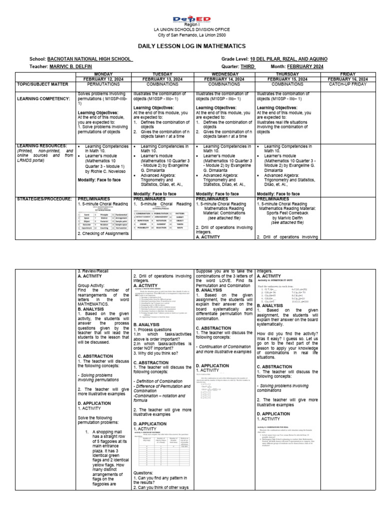DLL G10 Quarter 3 Week 2 M. Delfin | PDF | Concept | Permutation