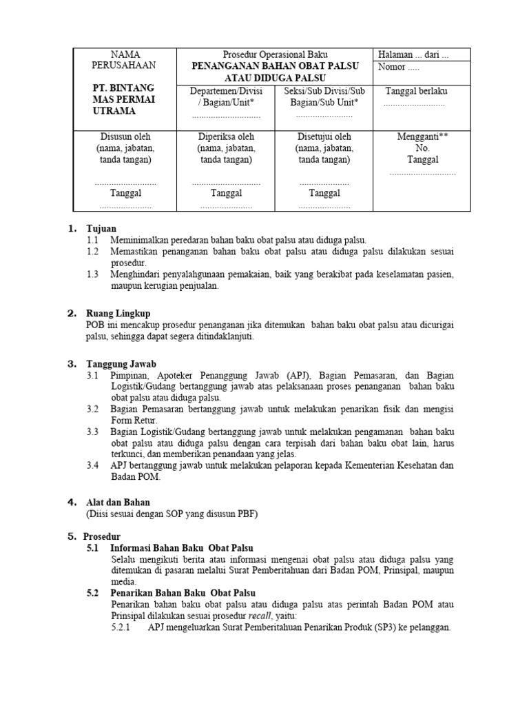 POB Penanganan Obat 20palsu Atau Diduga Palsu | PDF