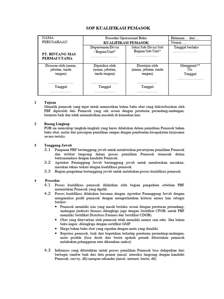 SOP Kualifikasi Pemasok PBF | PDF | Teknologi & Rekayasa